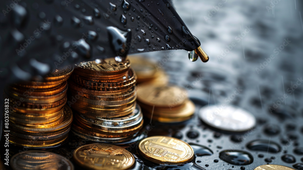 extreme close up of coins under an umbrella, raining on the streets of ...