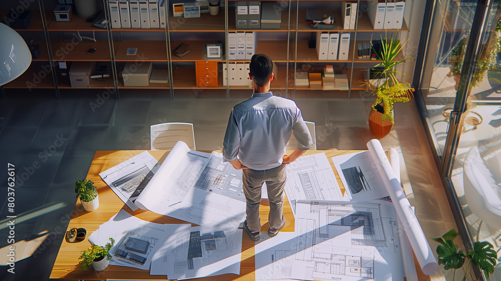 Architect Presenting Blueprints to Clients in Modern Office: Showcasing ...