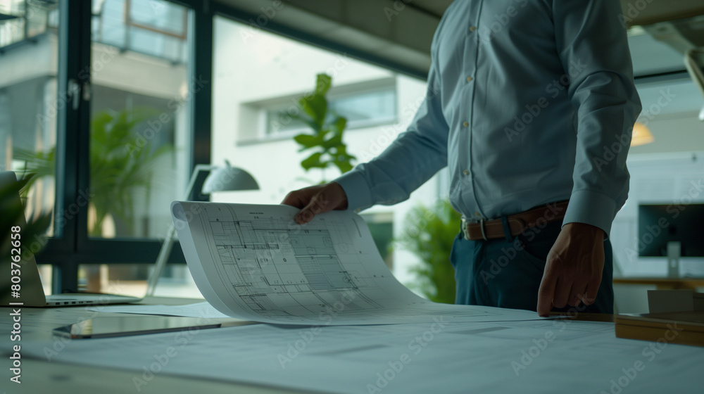 Architect Presenting Blueprints to Clients in Modern Office: Showcasing ...