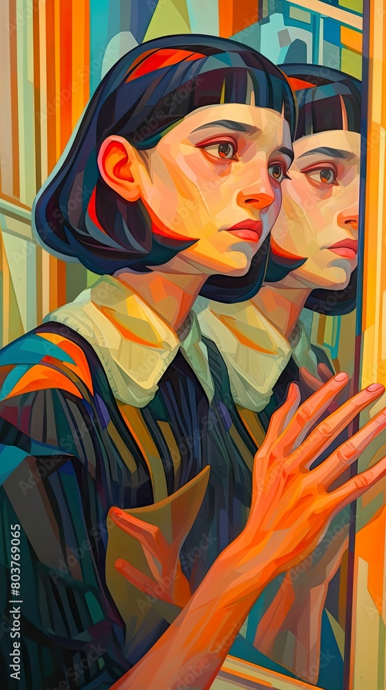 Lonely human clone, staring into a mirror, reflection shows diverse ...