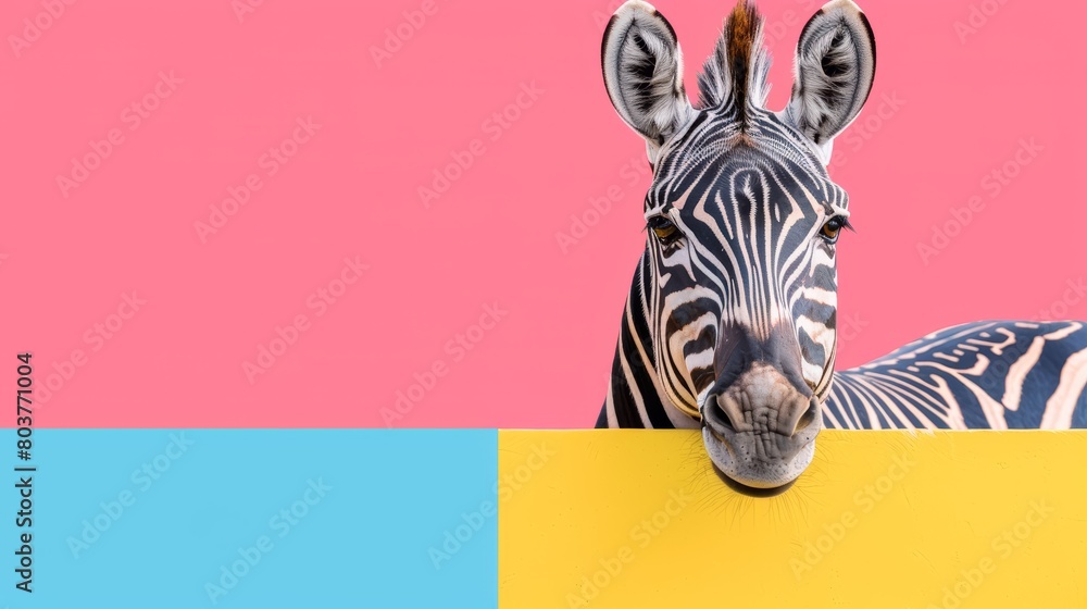 Creative animal concept. Zebra peeking over pastel bright background ...