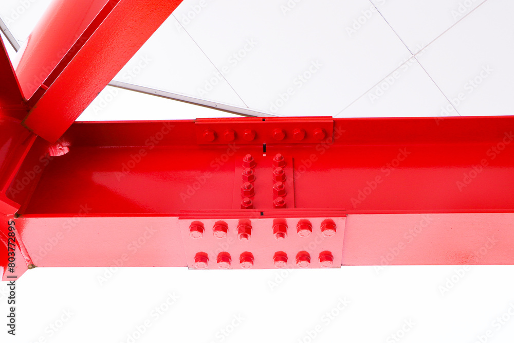 Large red screw hexagon flange nut supporting structures, metal frame ...