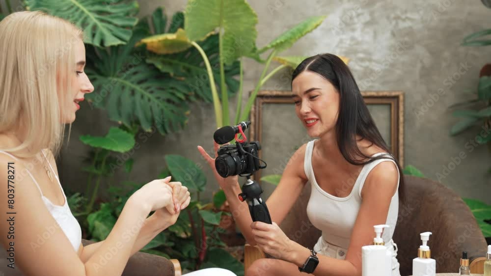 Two beautiful content creator making natural beauty and cosmetic ...