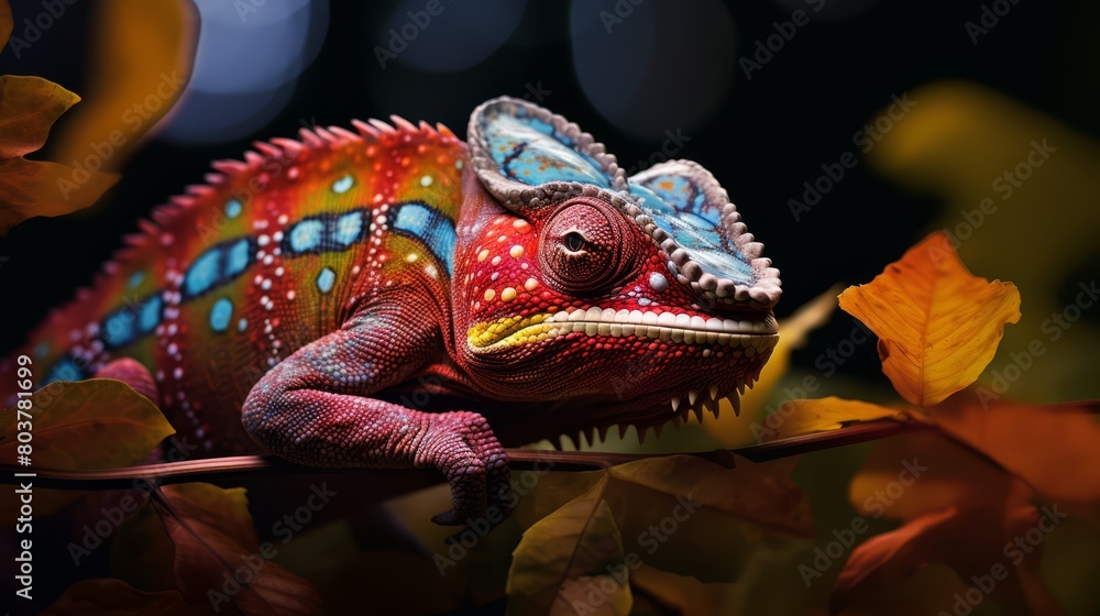 Dramatic shot of a chameleon changing colors as it navigates through ...