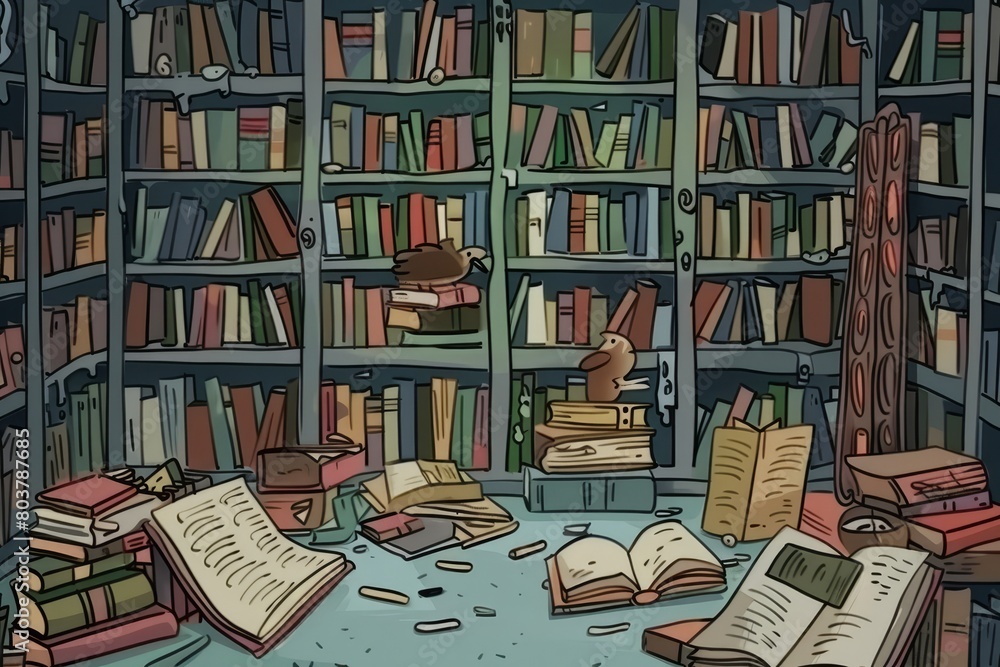 Cartoon cute doodles of an abandoned library, with books stacked ...