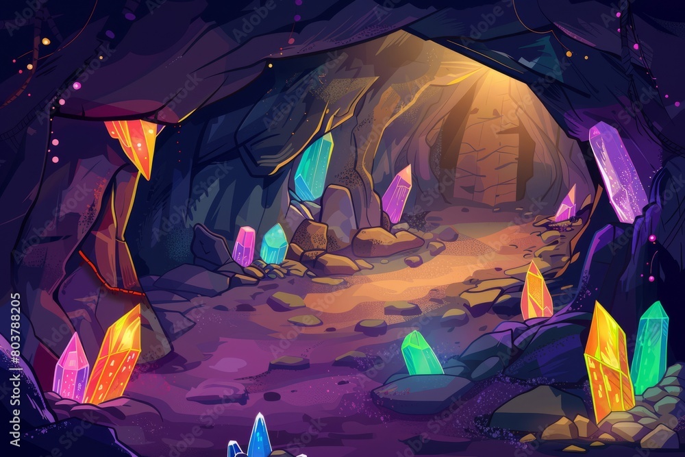 Cartoon cute doodles of an abandoned mine, with tunnels winding deep ...