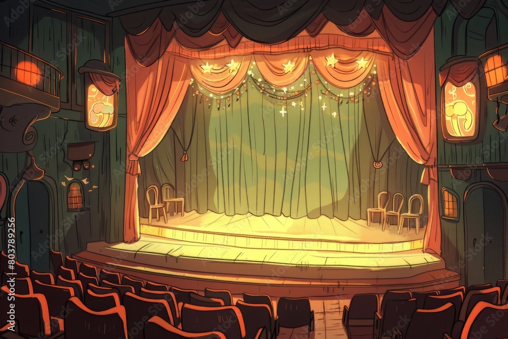 Cartoon cute doodles of an abandoned theater, with faded curtains and ...