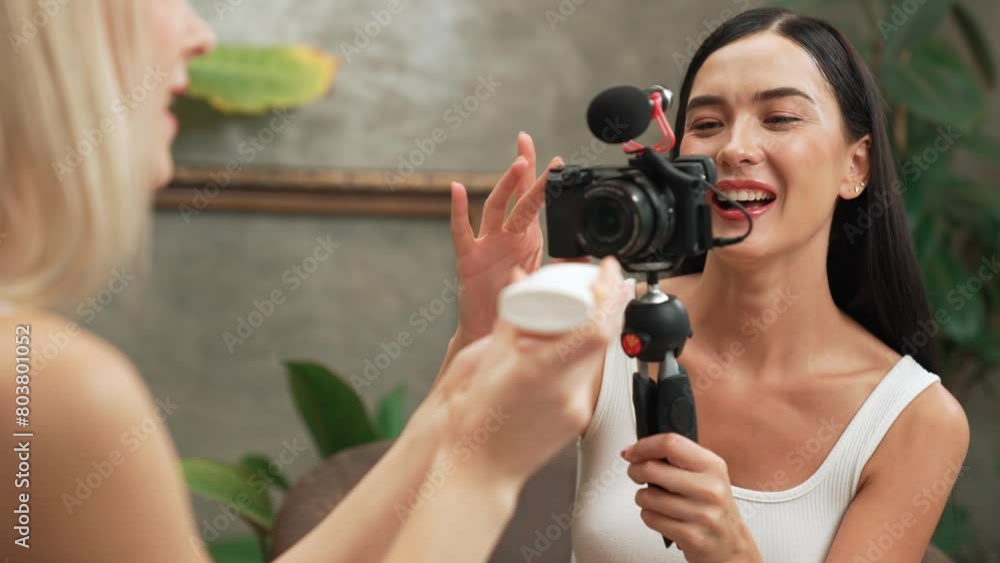 Two beautiful content creator making natural beauty and cosmetic ...