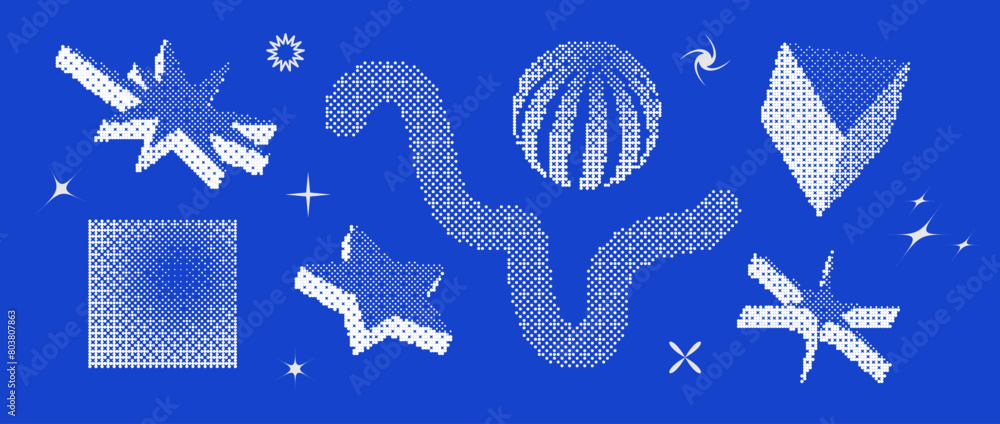 Bitmap pixelated shape set. Dither halftone geometric object collection ...
