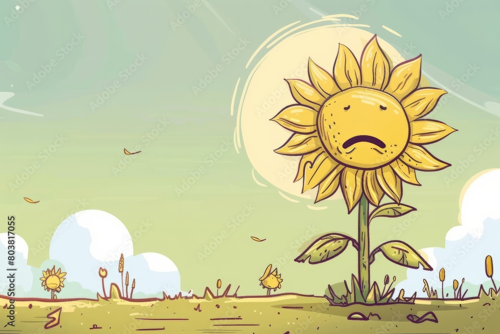 Cartoon cute doodles of a droopy sunflower standing alone in a field ...