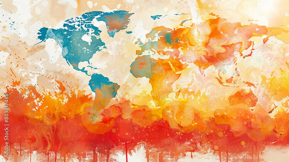 Illustrative depiction of global warming with a world map showing hot ...