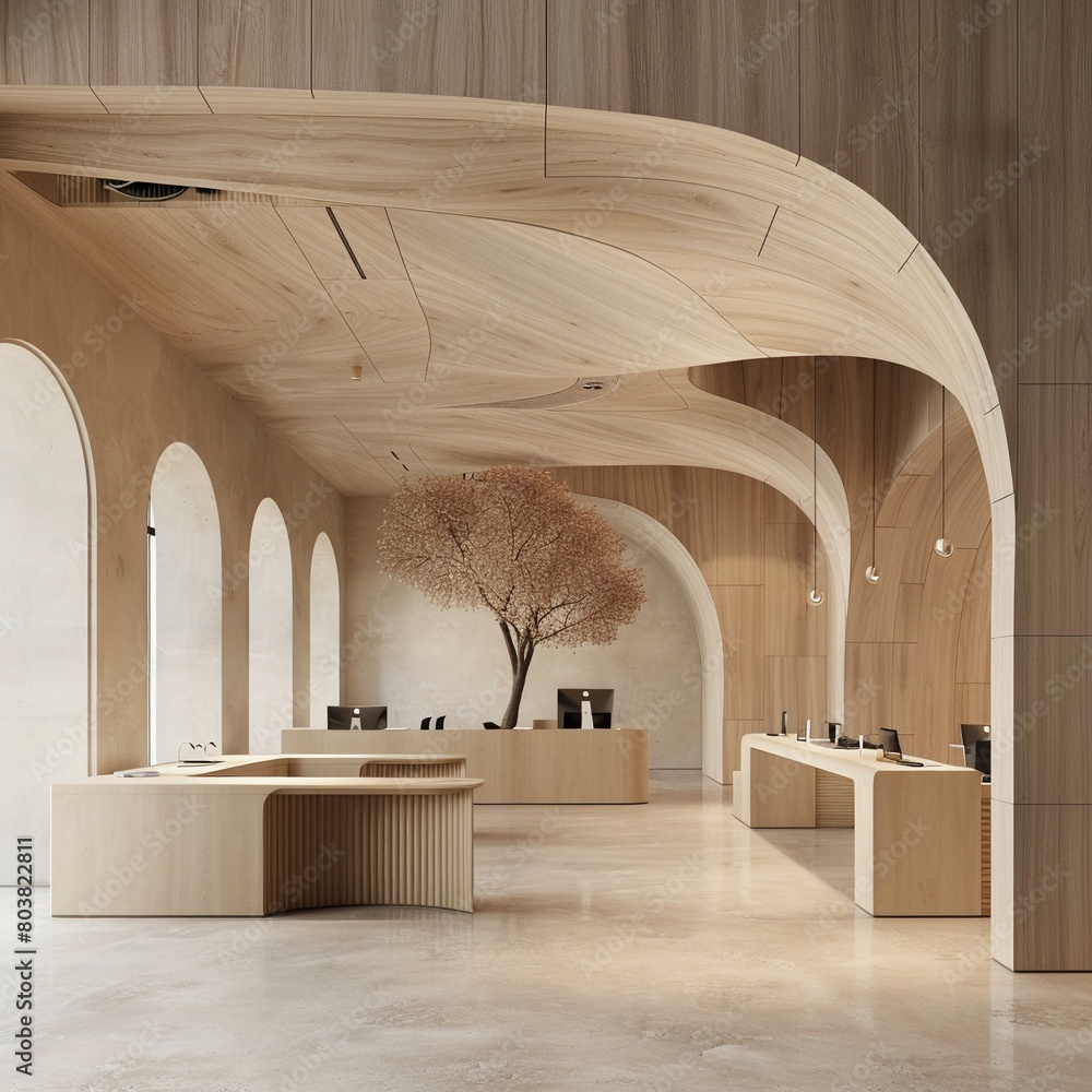 Contemporary office lobby visualized in 3D rendering, highlighted by an ...