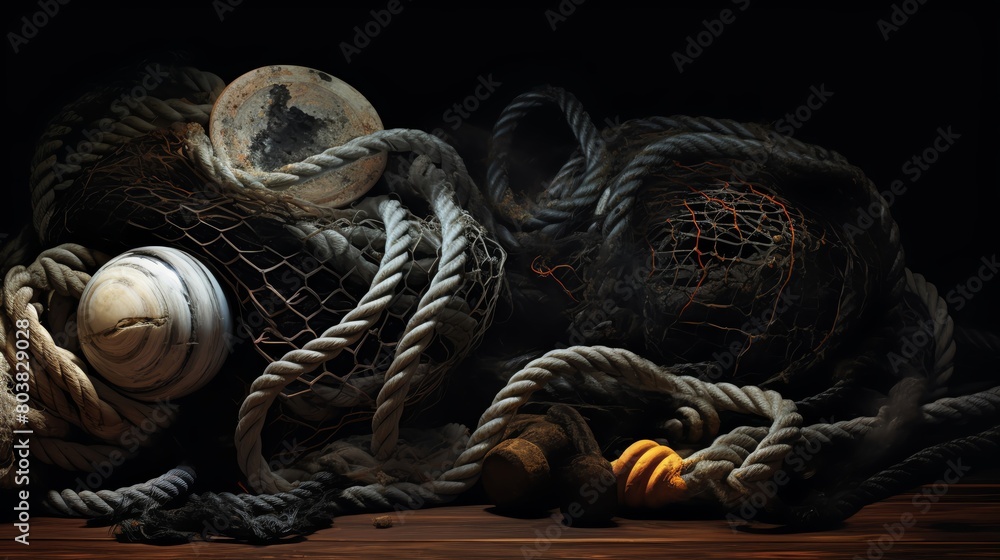 Artistic depiction of coiled nautical rope and weathered fishing nets ...