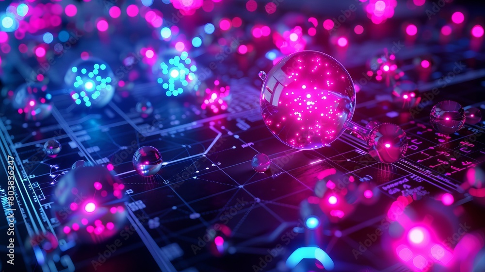 Neon 3D visualization of atomic particles, electrons, and neutrons ...