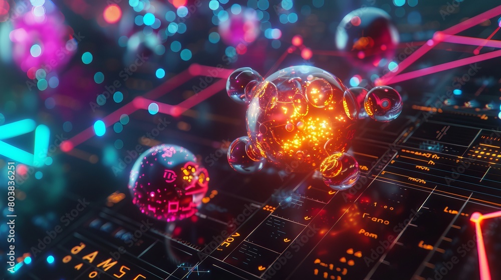 Neon 3D visualization of atomic particles, electrons, and neutrons ...