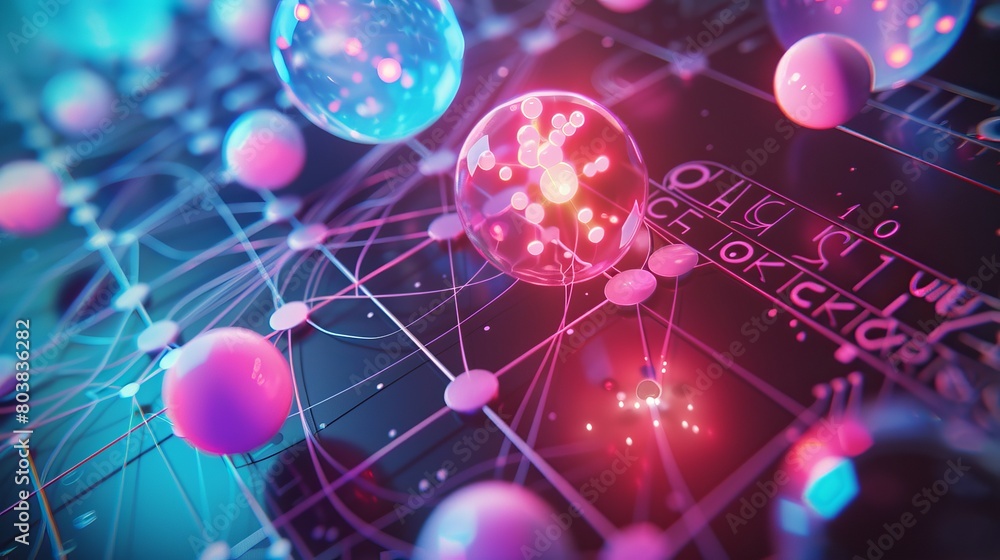 Neon 3D visualization of atomic particles, electrons, and neutrons ...