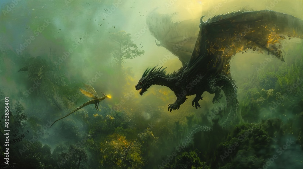 Oil painting depicting a large male black dragon flying alongside a ...