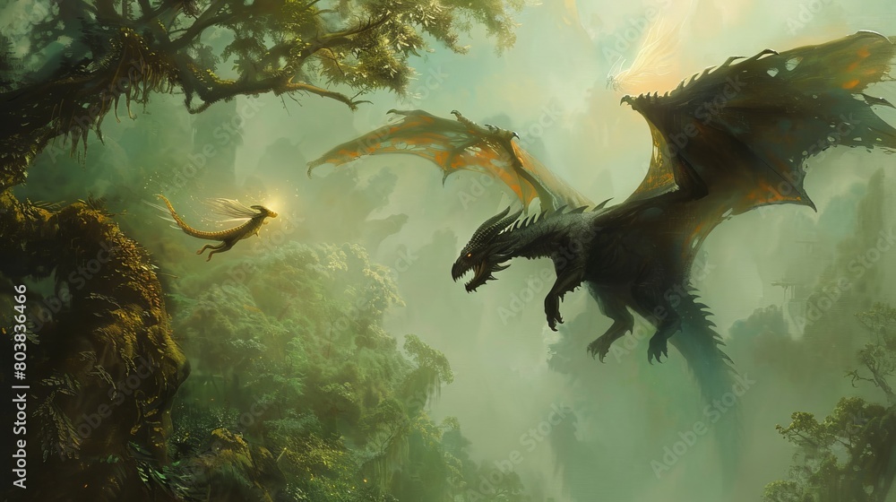 Oil painting depicting a large male black dragon flying alongside a ...