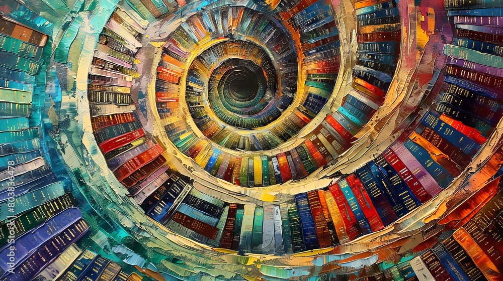Abstract oil painting depicting a single story book at the center of a ...