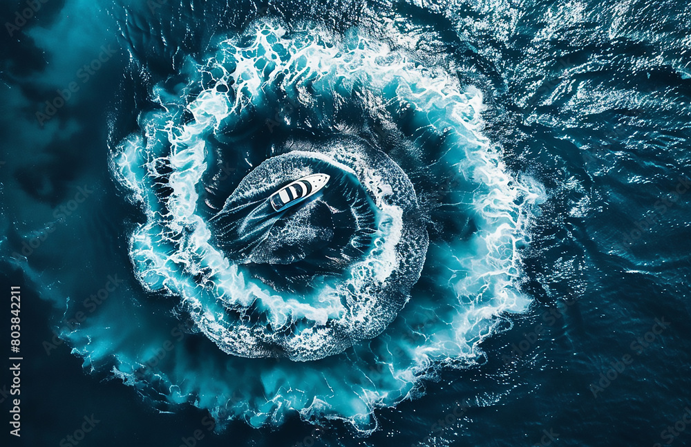 Aerial view of a speedboat creating a circular water trail in a blue ...