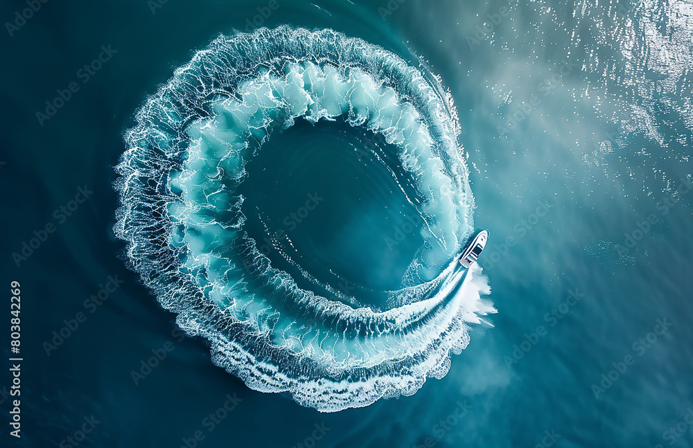Foto de erial view of a speedboat creating a circular water trail in a ...