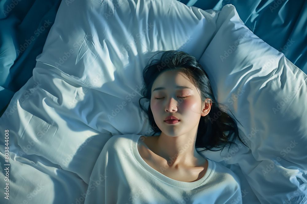 Beautiful Japanese woman sleeping in bed with a white pillow and blue ...