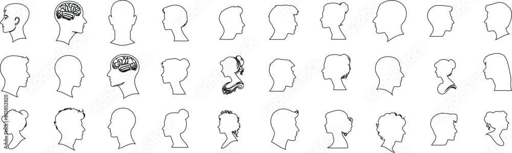 outline of brain, human profiles, mental health, psychology, identity ...