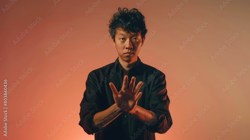 The picture of the interpreter is using the hand signal with the red ...