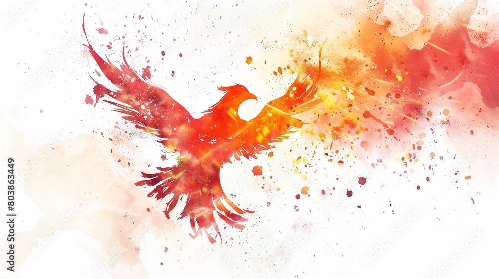 A surreal watercolor splash art of a phoenix rising from the ashes ...