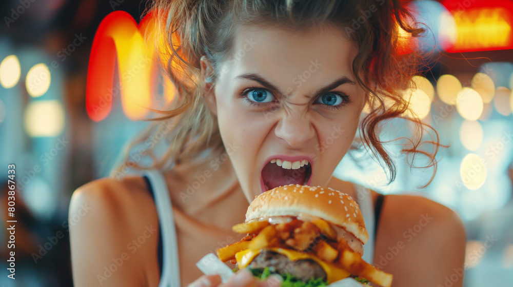 A woman is joyfully biting into a hamburger with fries at a fast food ...