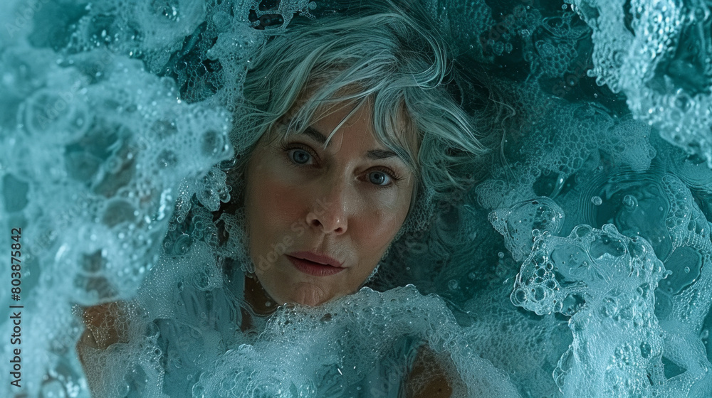 old woman with Despair: Hollow gaze, trembling hands, drowning in a sea ...