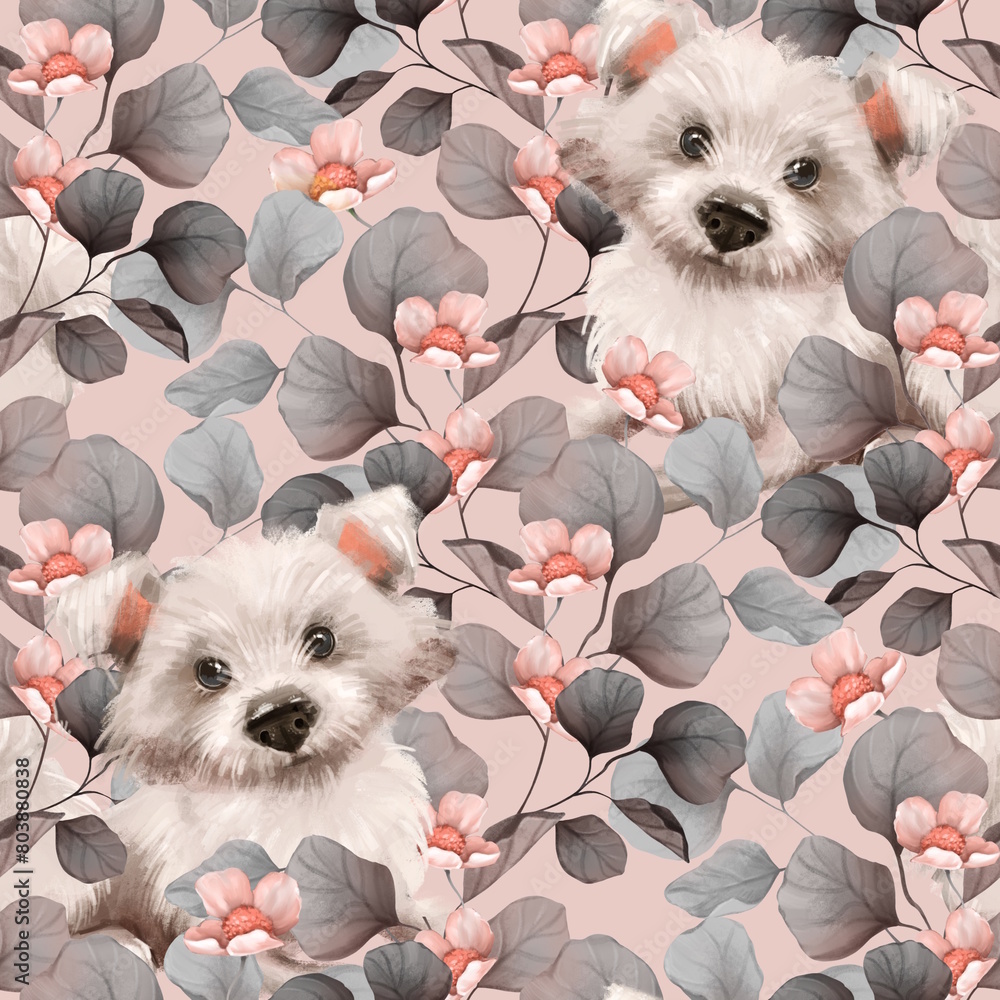 Seamless floral pattern with dogs. Background with white puppies for ...
