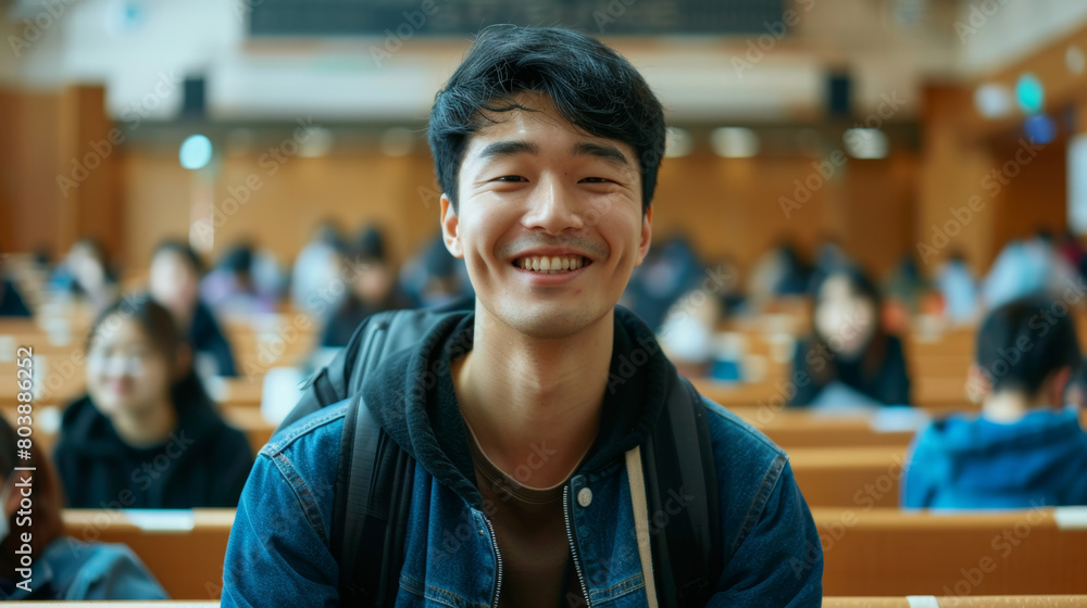 Portrait of a Korean asian happy university student sitting in a ...