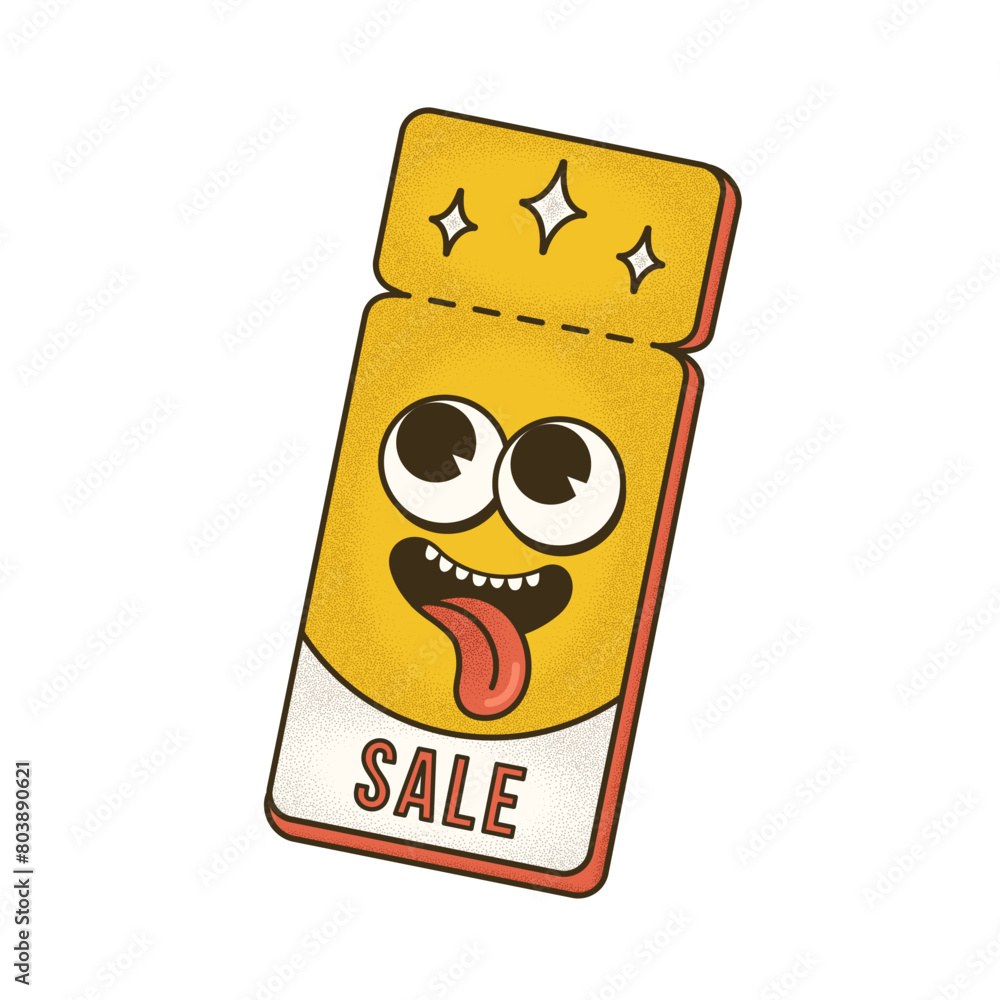 Cool trendy groovy sale promo character of coupon with retro texture ...
