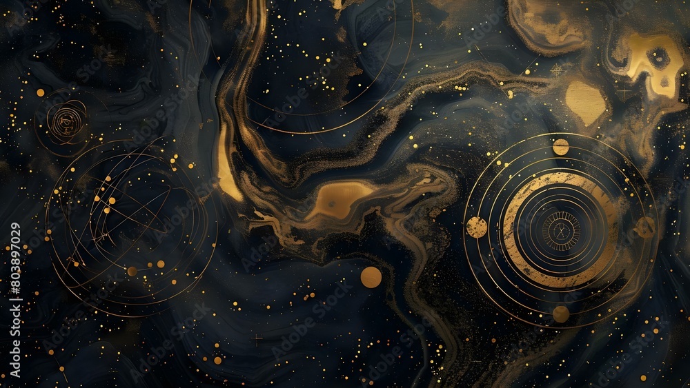 Golden celestial motifs with marbled textures and sacred geometry on ...