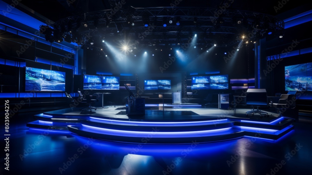 Professional tv camera in news studio with anchor display, broadcasting ...