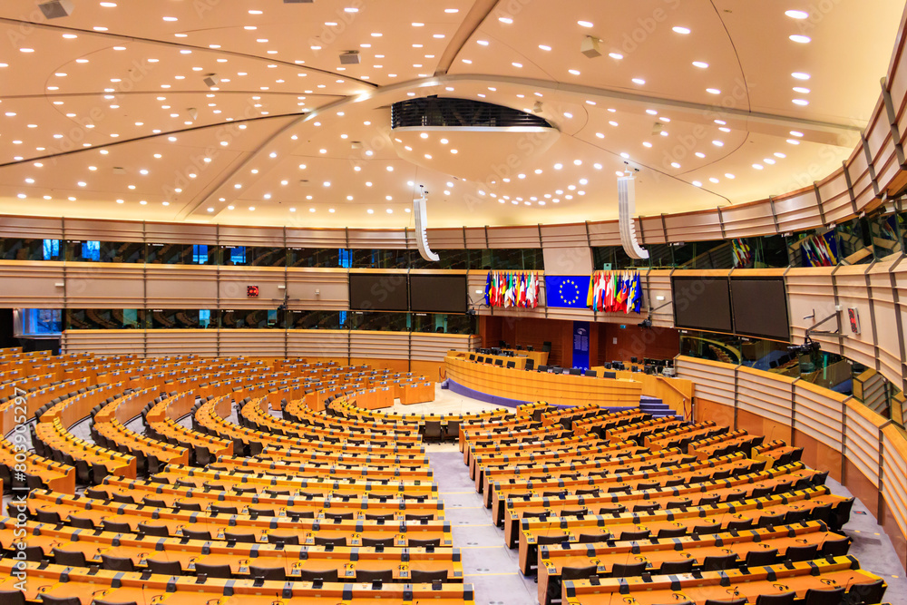 Interior of the plenary room of the European parliament in Brussels ...