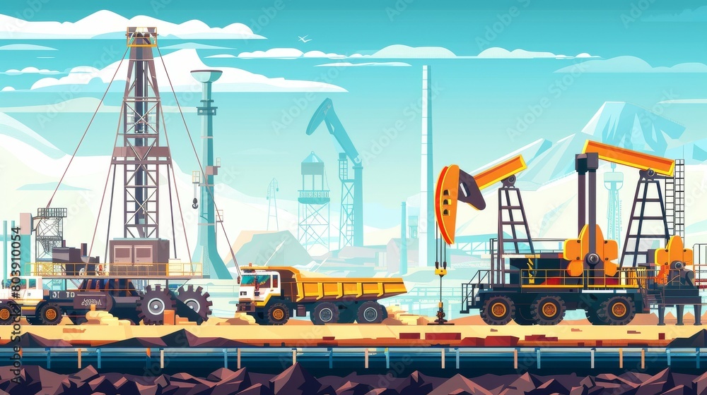 Cartoon landscape of industrial oil extraction with rigs derricks and ...