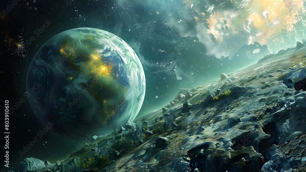 Artistic depiction of early Earth showcasing emergence of life through ...