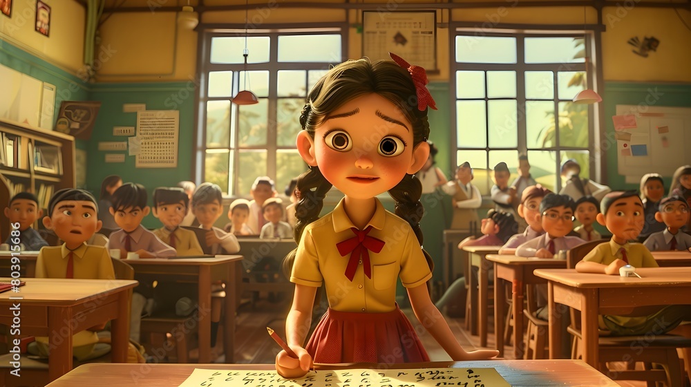 Animated Style of Girl Student Writing Math Problems in Classroom Stock ...