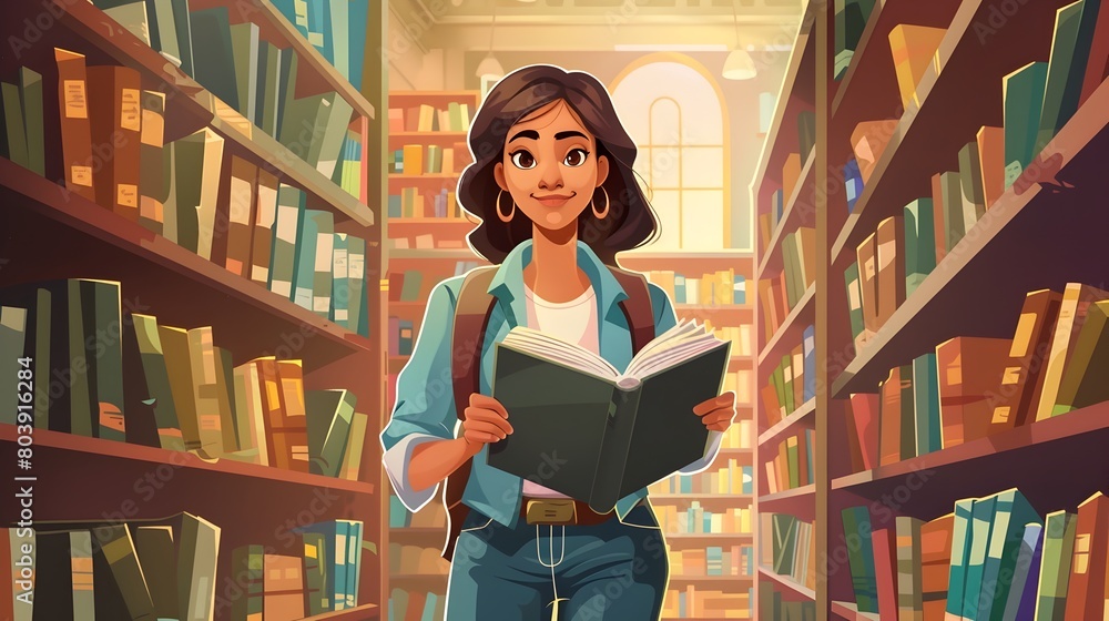 Cheerful Indian Student Standing in Traditional Public Library Holding ...