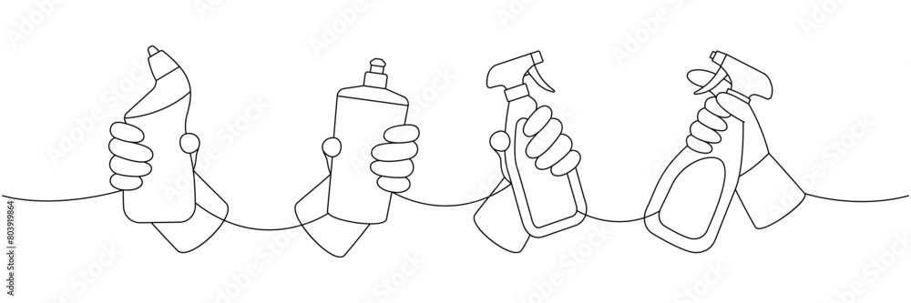 Hands with toilet cleaners one line continuous drawing. Cleaning ...