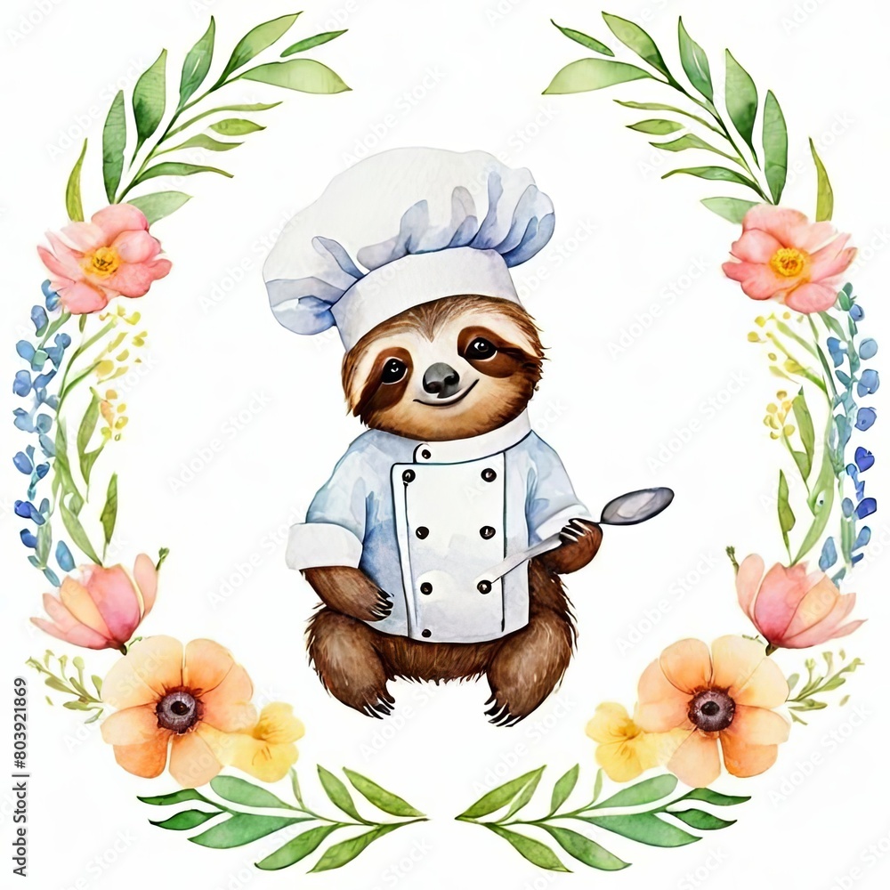 Cute sloth wearing chef suit, cooking sloth, Cute baby sloth cartoon in ...