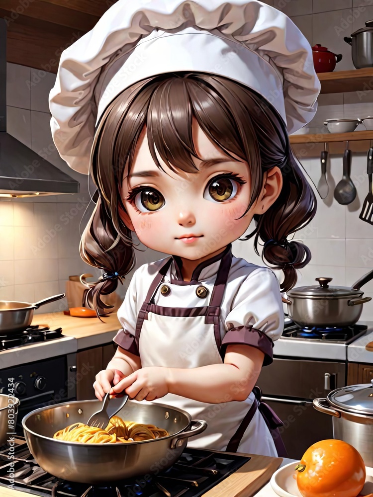 Girl cook in chef clothes holding a pot and a whisk.little girl in a ...