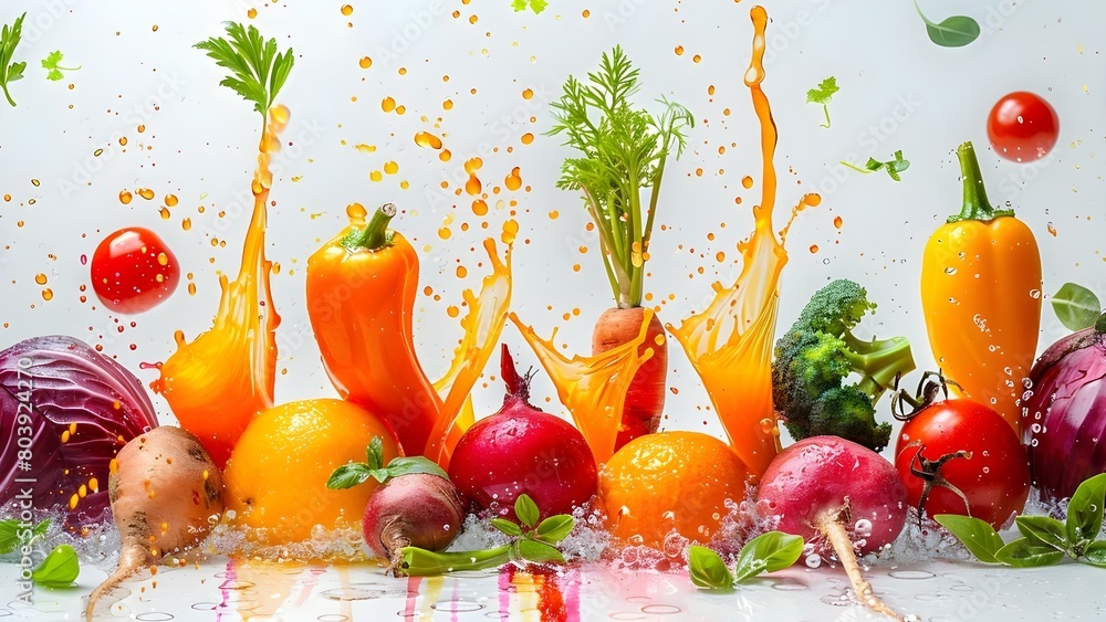 "Colorful array of fresh vegetables and root crops with splashes of juice". Concept Vegetable ...
