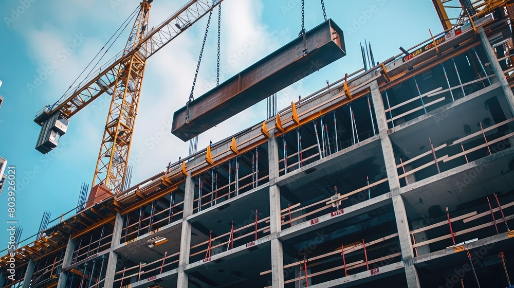Steel beams and girders being lifted by a crane onto a high-rise ...