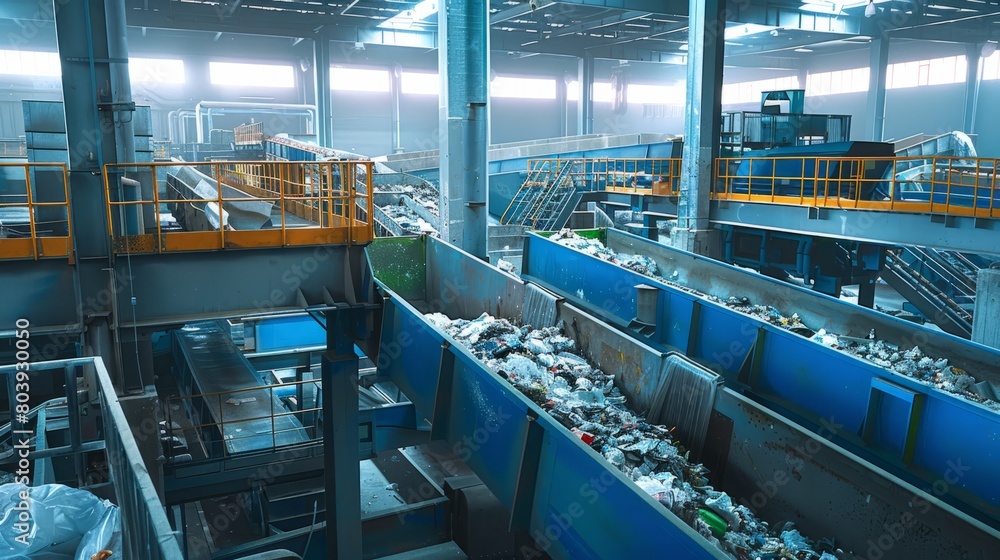 The garbage sorting plant has many different conveyors and conveyor ...