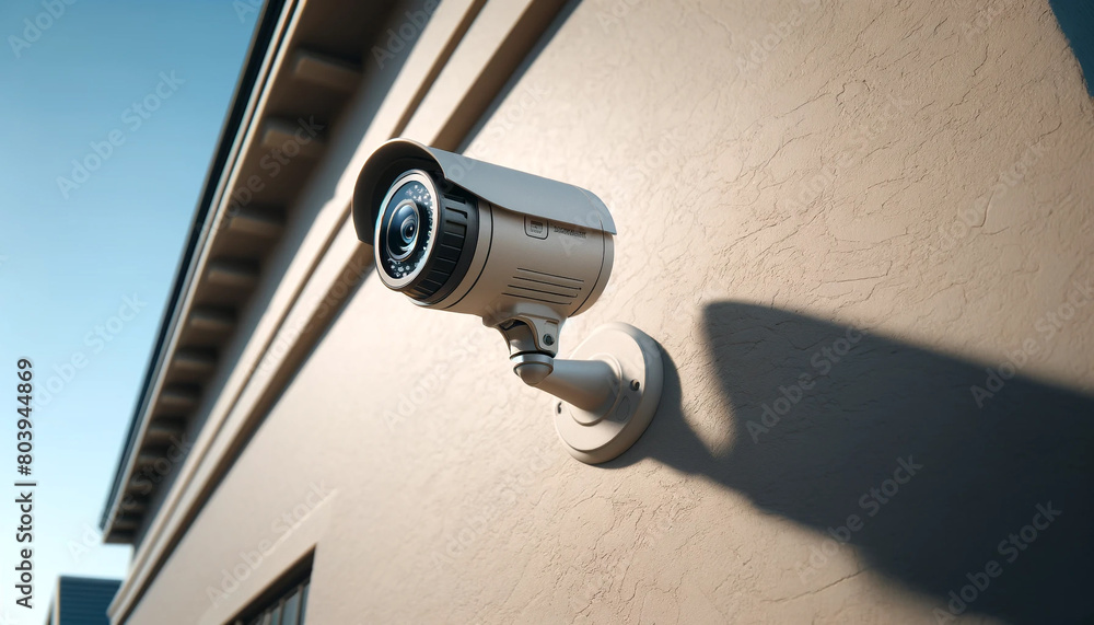 Close-up of a small cylindrical security camera attached to a light ...