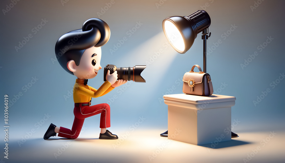 3D cartoon-style caricature of product photographer, Product ...
