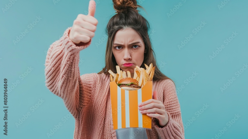 A young woman is holding a container of french fries and giving a ...
